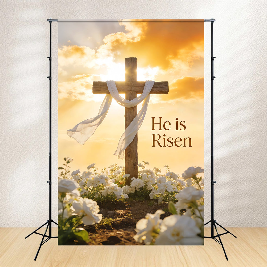 He is Risen Backdrop Sunlit Cross Lily Meadow Church Easter Backdrop L