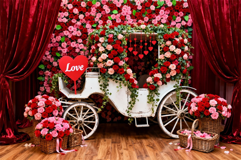 Red Roses Backdrop Romantic Floral Carriage Valentine's Day Backdrops