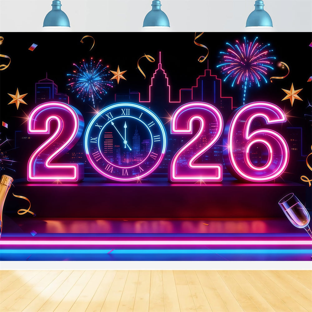2026 New Year Backdrop Neon Lights Countdown City New Years Eve Backdr