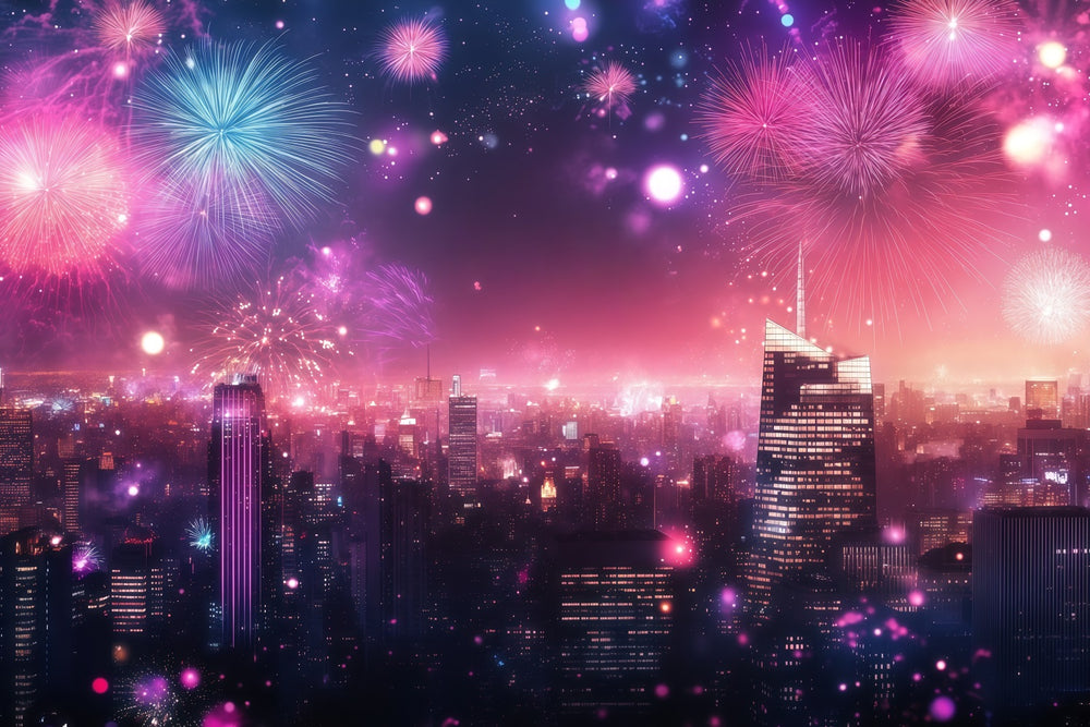 New Years Backdrops Pink Fireworks City Glow Cityscape Photo Backdrop