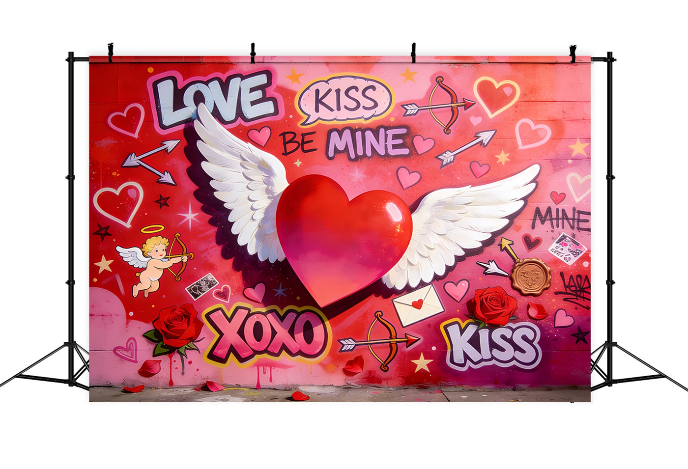 Cupid Backdrop Love XOXO Winged Heart Graffiti Wall Valentine Backdrop