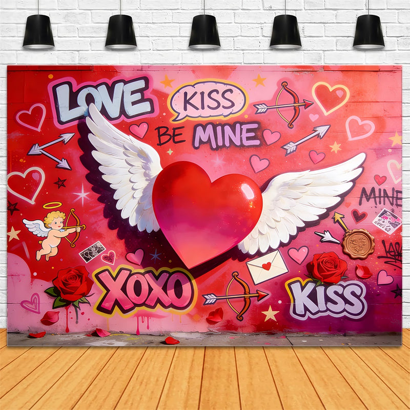 Cupid Backdrop Love XOXO Winged Heart Graffiti Wall Valentine Backdrop