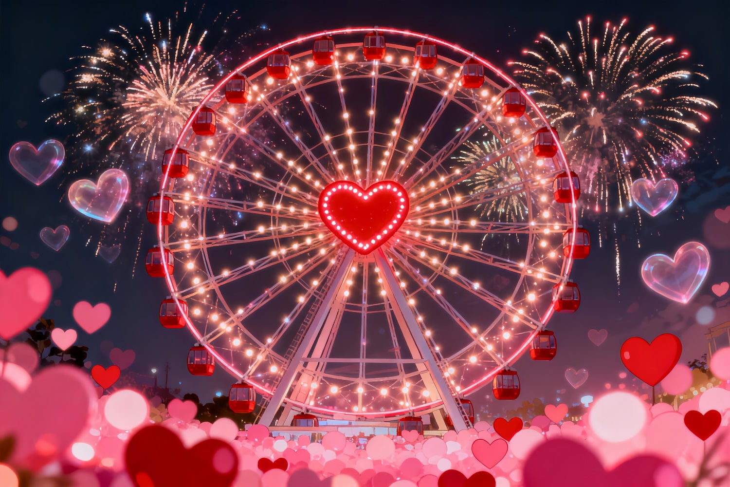 Glitter Valentine Backdrop Firework Heart Ferris Wheel Heart Backdrop
