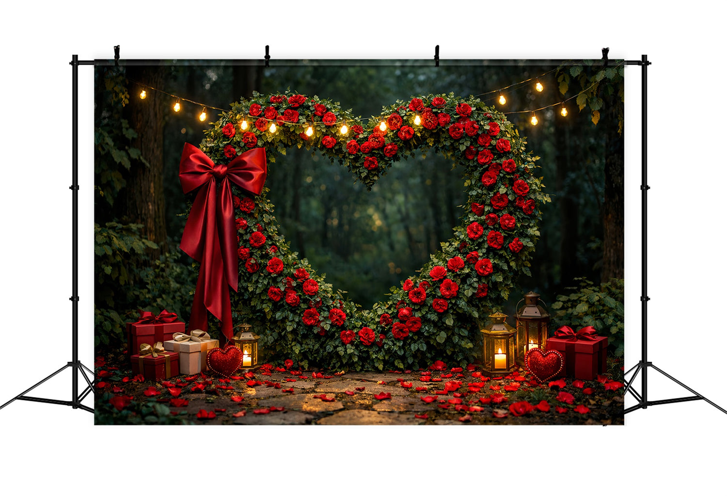 Red Rose Heart Backdrop Forest Flower Archway Gift Box Valentine Backd