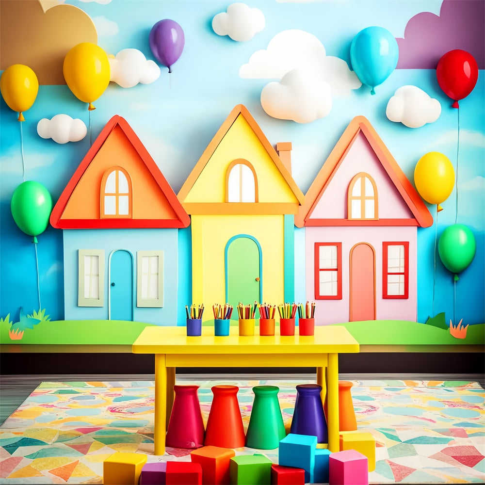 Back To School Backdrops Colorful Cottage Balloon Backdrop LXX57-28