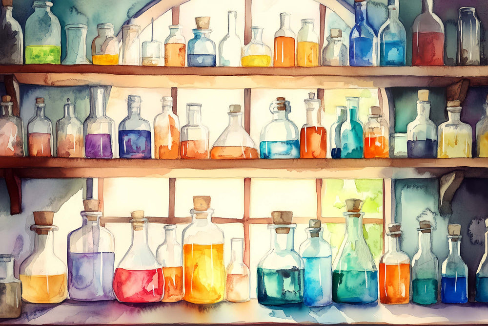 Chemistry Backdrop Watercolor Potion Bottles Wooden Shelves School Pic