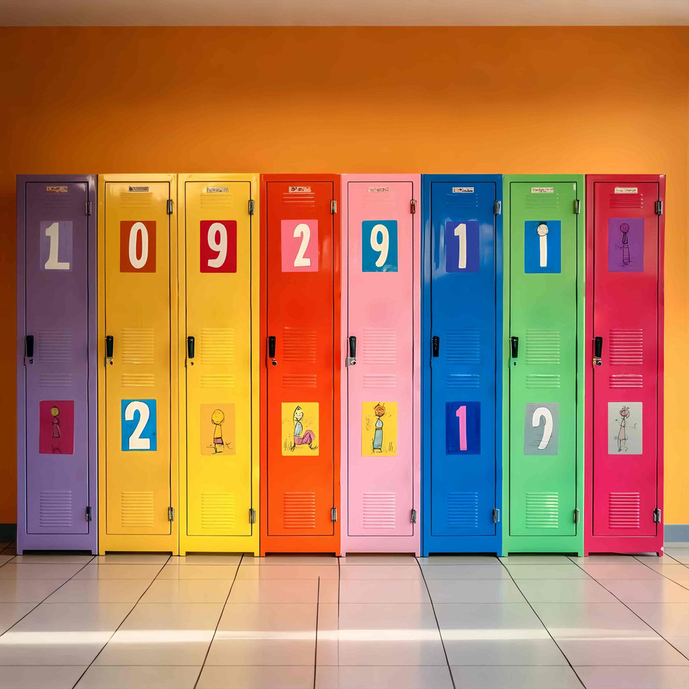 School Locker Backdrop Numbered Colorful Lockers Illustration Back To