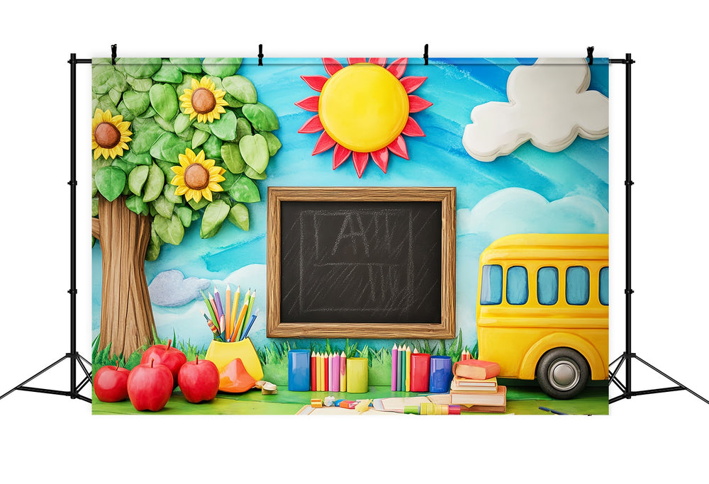 Preschool Backdrop Playful Blackboard Tree Bus Back To School Backdrop
