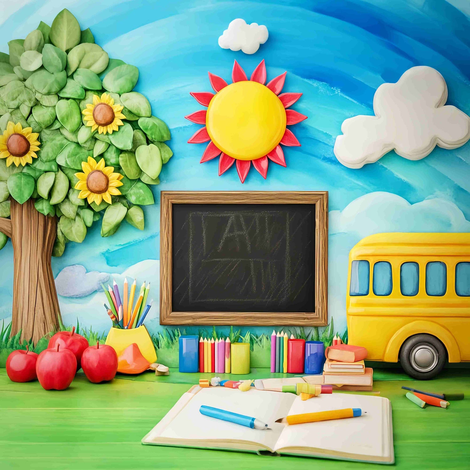 Preschool Backdrop Playful Blackboard Tree Bus Back To School Backdrop