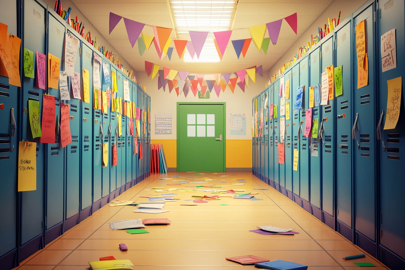 School Hallway Backdrop Colorful Locker Hallway Banners Back To School