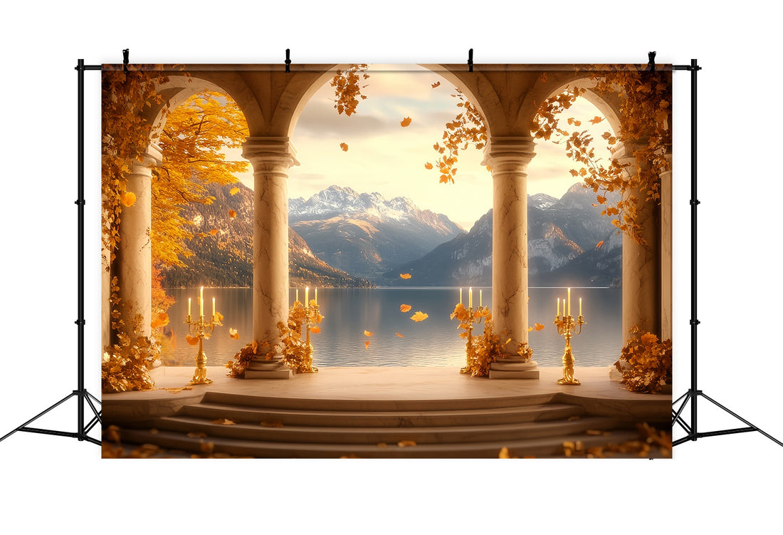 Fall Backdrop for Pictures Golden Arch Lake Mountains Vintage Backdrop