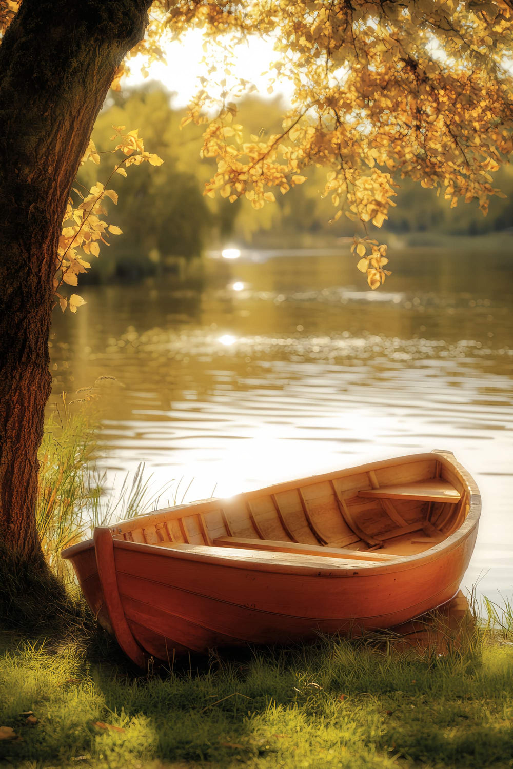 Fall Photography Backdrops Golden Rowboat Lakeside Tranquility Forest