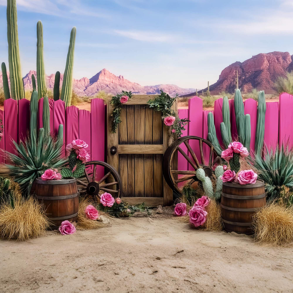 Fall Backdrop Pink Cactus Wagon Wheel Decor Western Backdrop LXX58-198