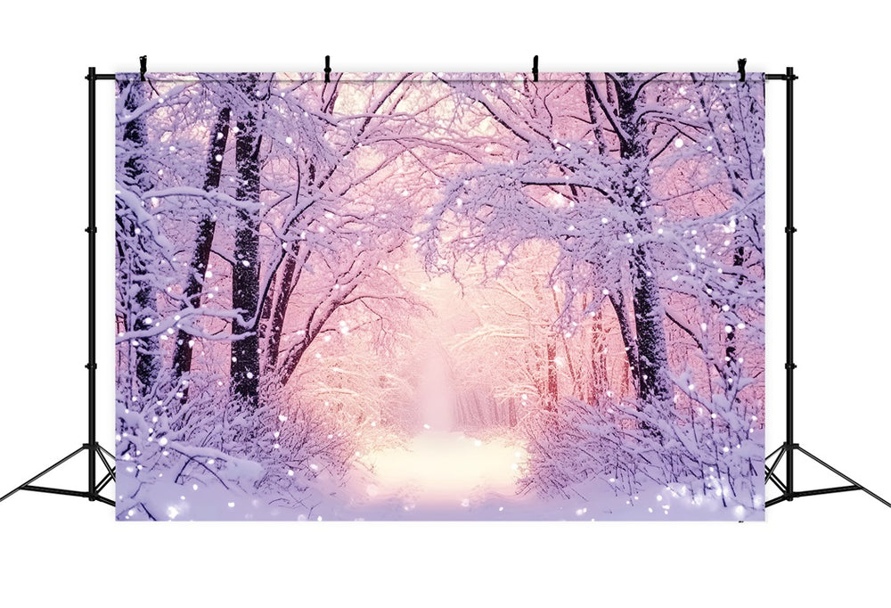 Forest Backdrop Pink Glow Snowy Forest Winter Snow Backdrop LXX58-240