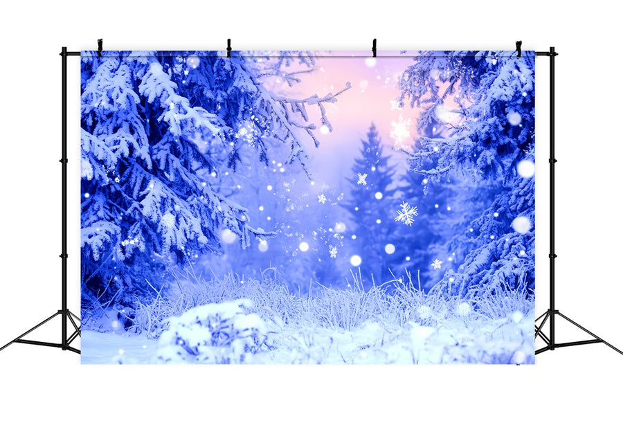 Forest Backdrop Blue Frost Sparkling Snowflakes Winter Photo Backdrop