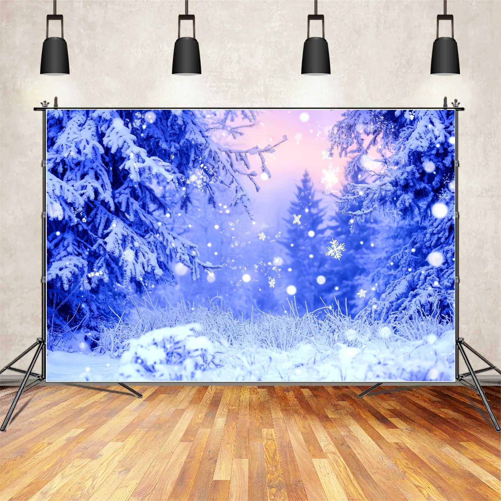 Forest Backdrop Blue Frost Sparkling Snowflakes Winter Photo Backdrop