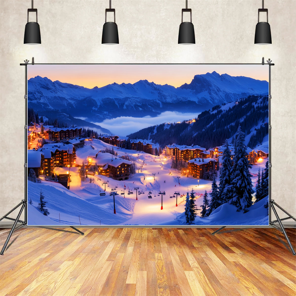 Village Backdrop Alpine Ski Village Lights Winter Backdrops LXX58-245