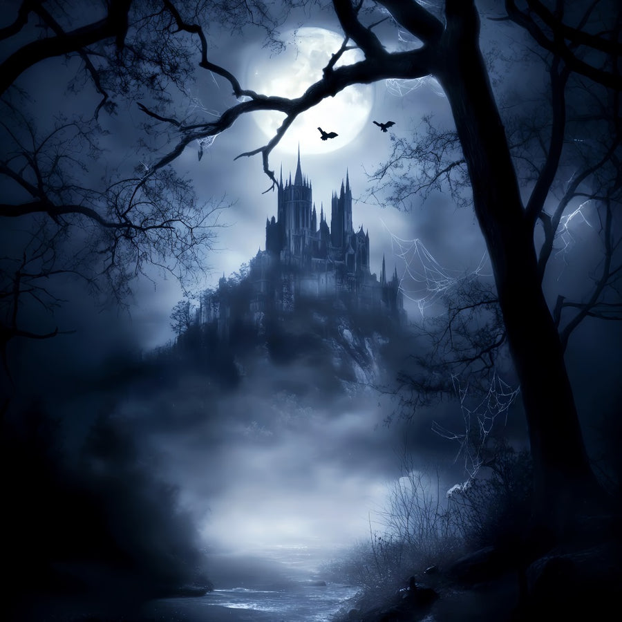 Haunted Creepy Forest Moonlit Gothic Castle Mist Dark Forest Backdrop