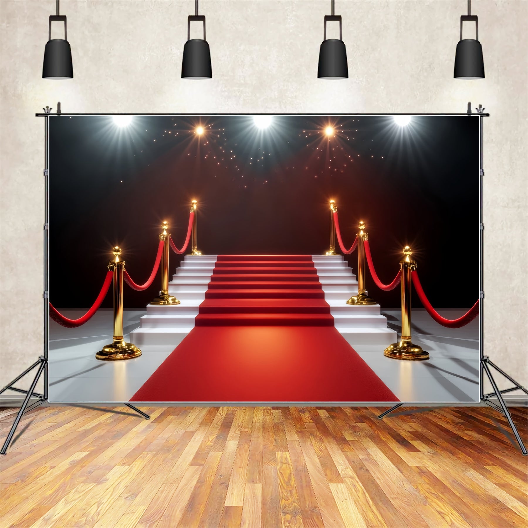 Red Carpet Backdrop Golden Lights Glamorous Staircase Stage Backdrop L