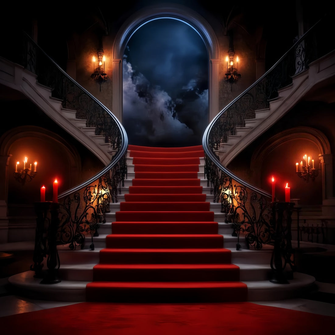 Red Carpet Backdrop Mystic Moonlit Stairway Mansion Stage Backdrop LXX
