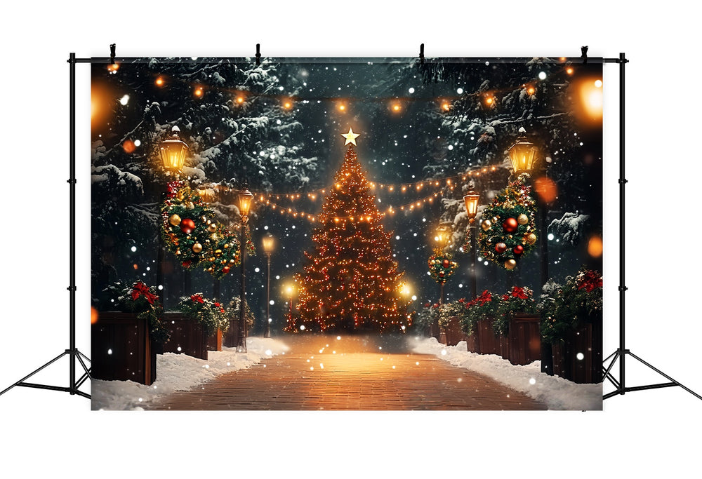 Christmas Tree Farm Backdrop Magical Snowy Tree Lights Christmas Photo