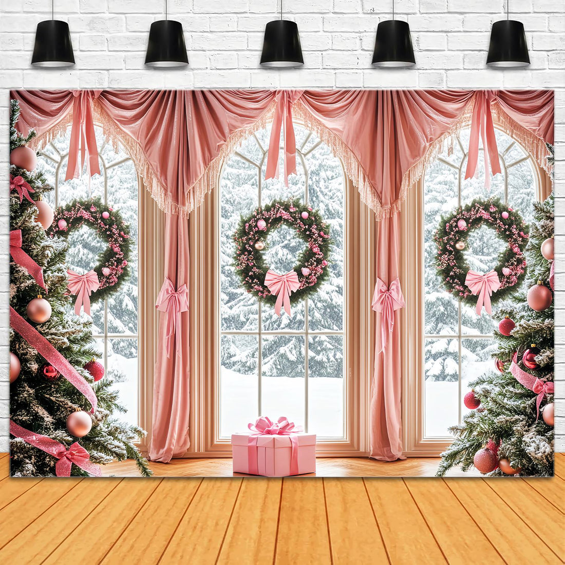 Pink Christmas Backdrop Pink Bow Elegant Window Backdrop Christmas LXX