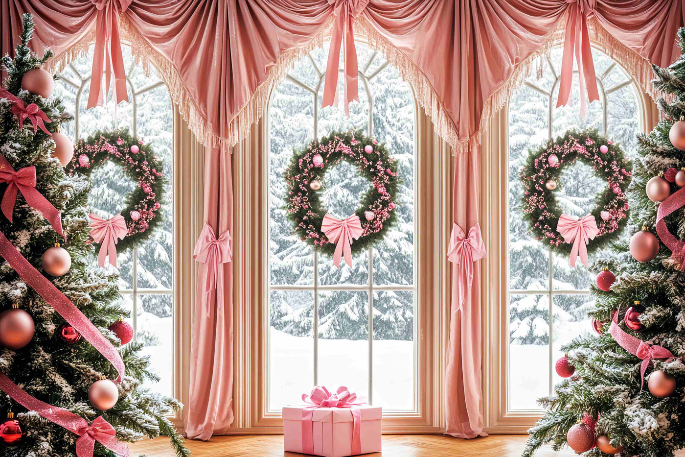 Pink Christmas Backdrop Pink Bow Elegant Window Backdrop Christmas LXX