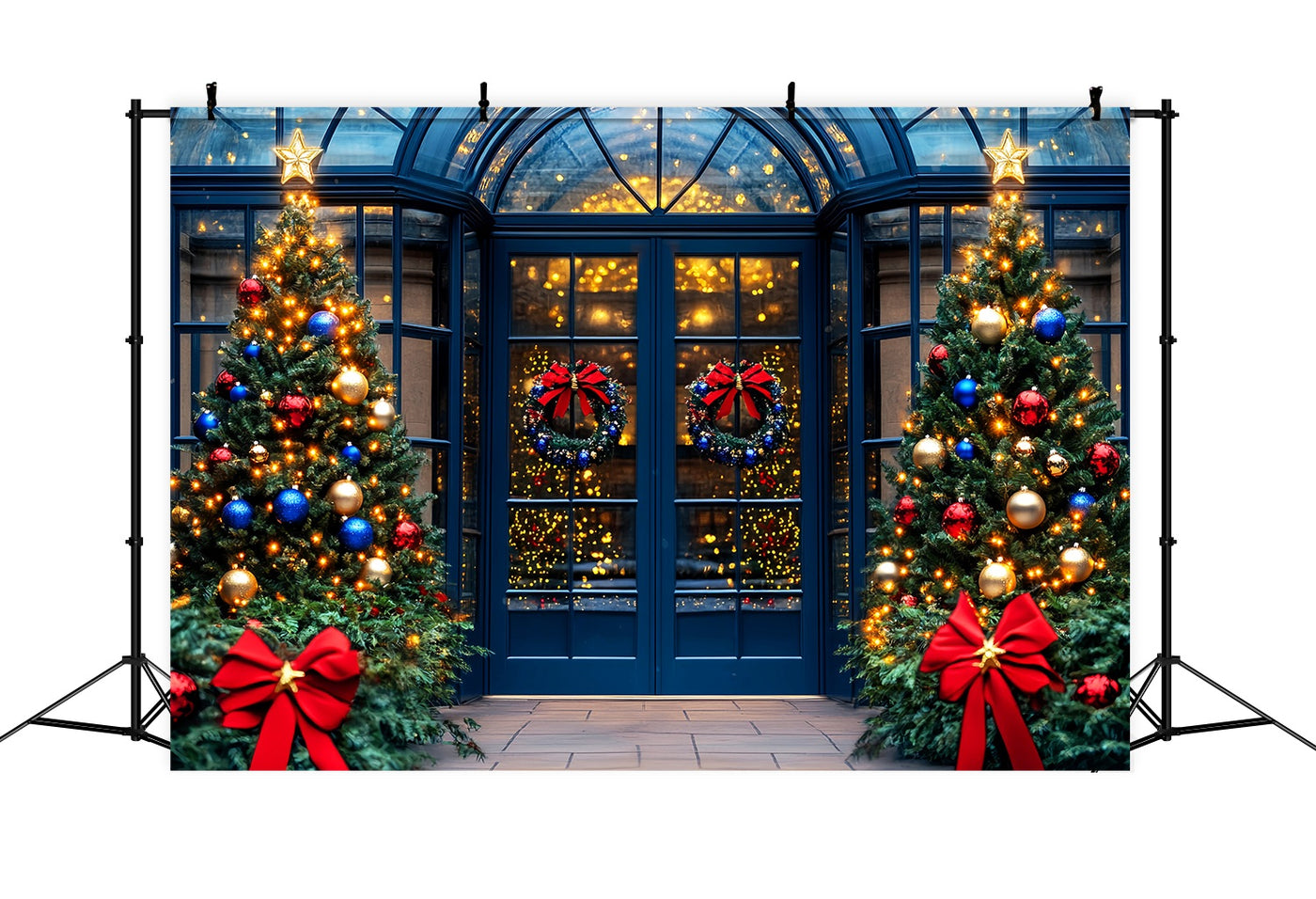 Christmas Photo Backdrop Royal Blue Ornament Entryway Christmas Backdr