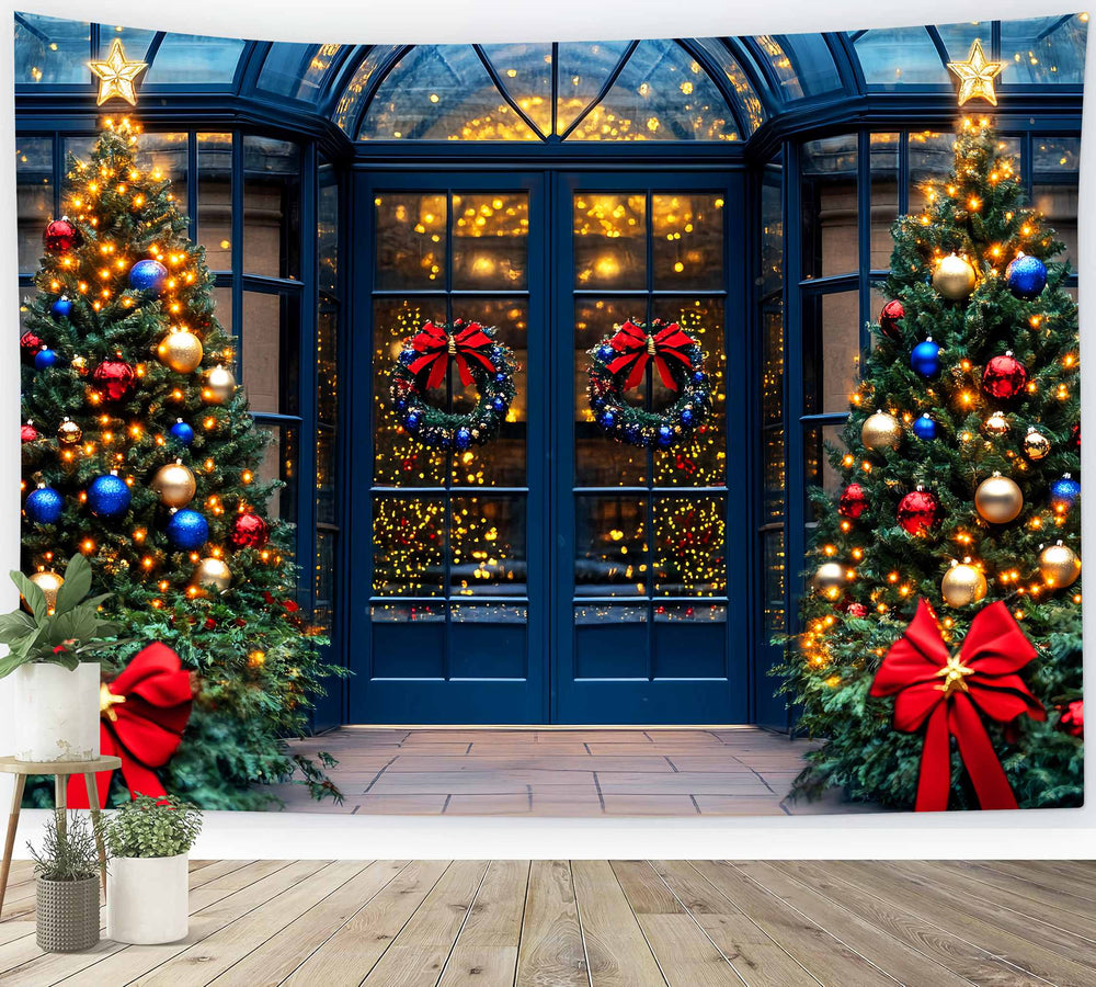 Christmas Photo Backdrop Royal Blue Ornament Entryway Christmas Backdr