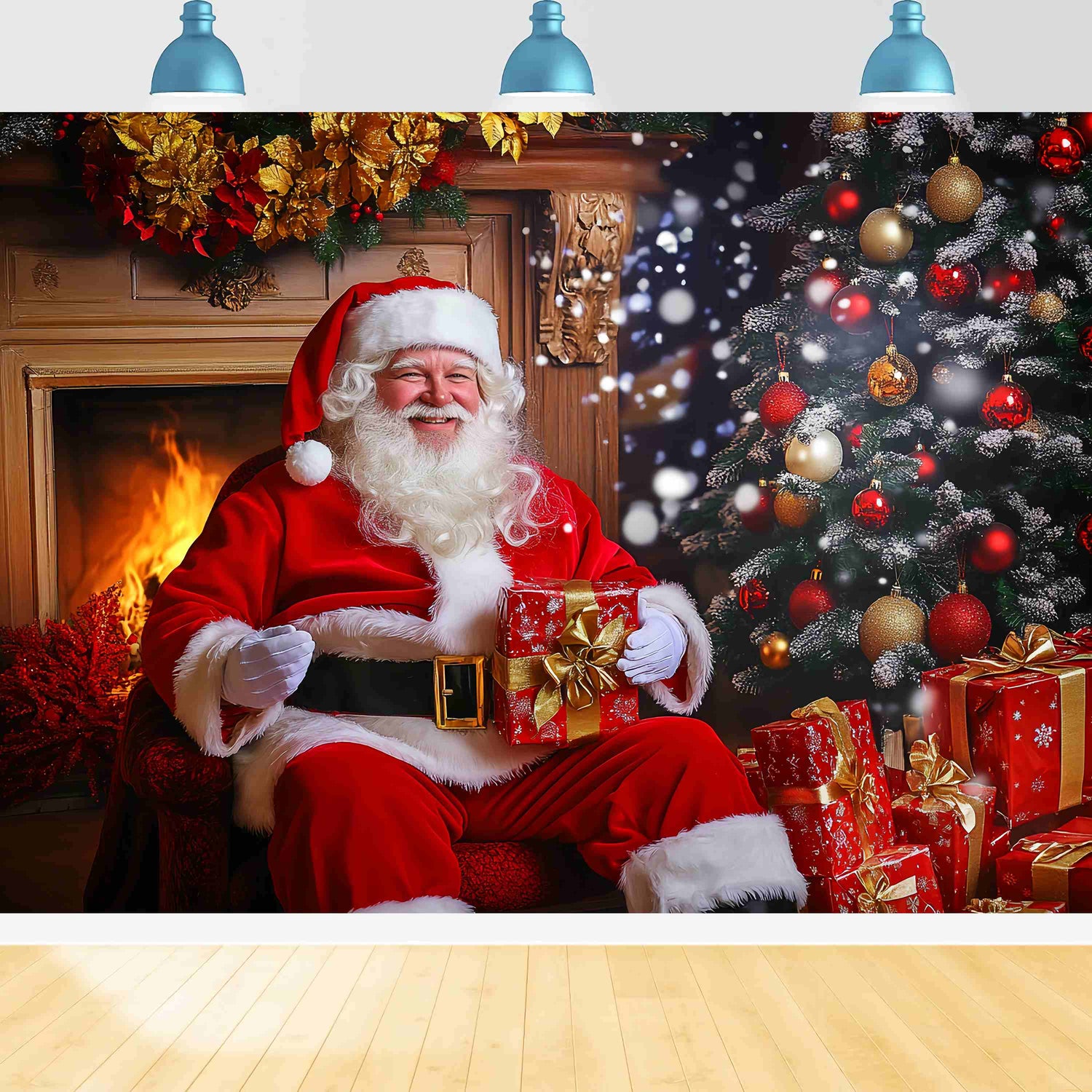 Santa Backdrop Santa Claus Fireplace Gift Time Christmas Backdrop LXX5