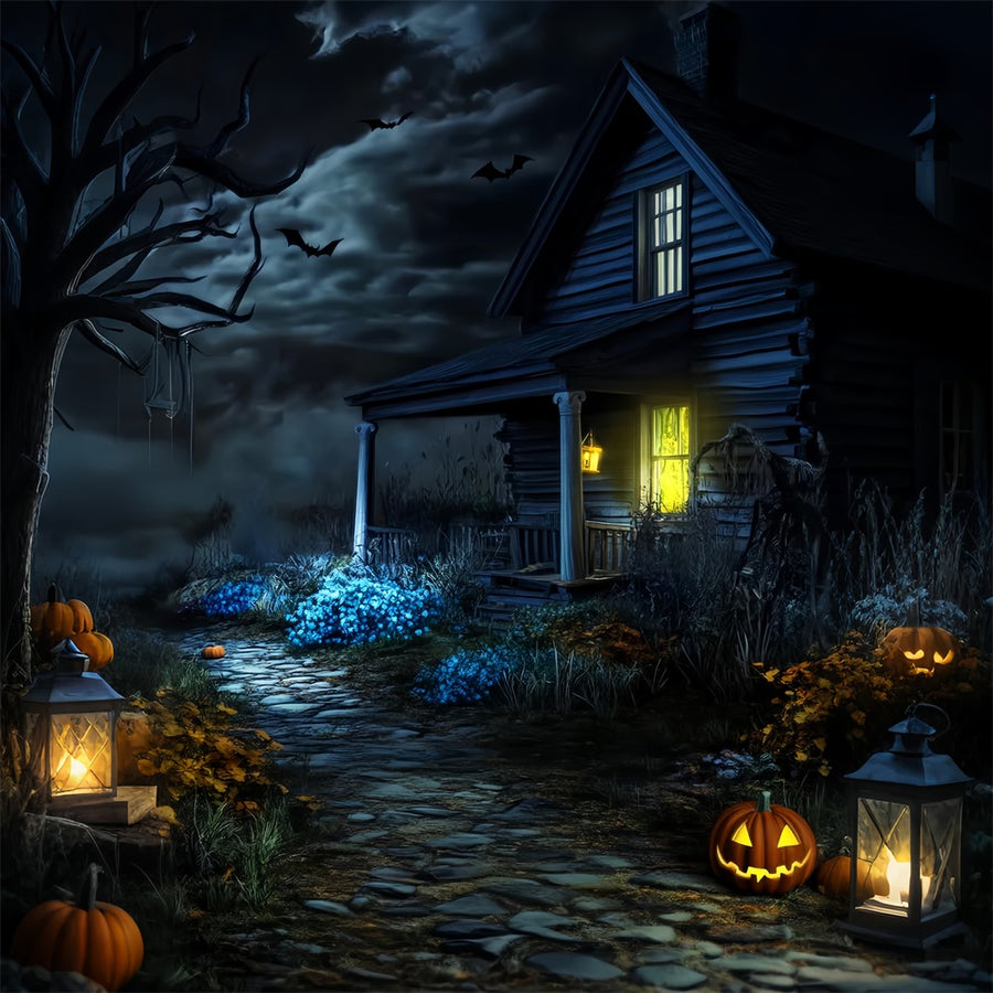 Haunted Forest Backdrop Creepy Cabin Pumpkin Path Halloween Photo Boot