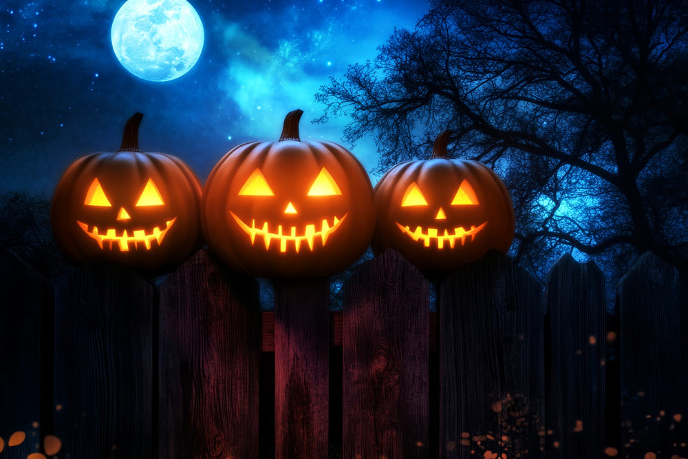 Haunted Forest Backdrop Glowing Pumpkins Fence Moonlight Halloween Bac