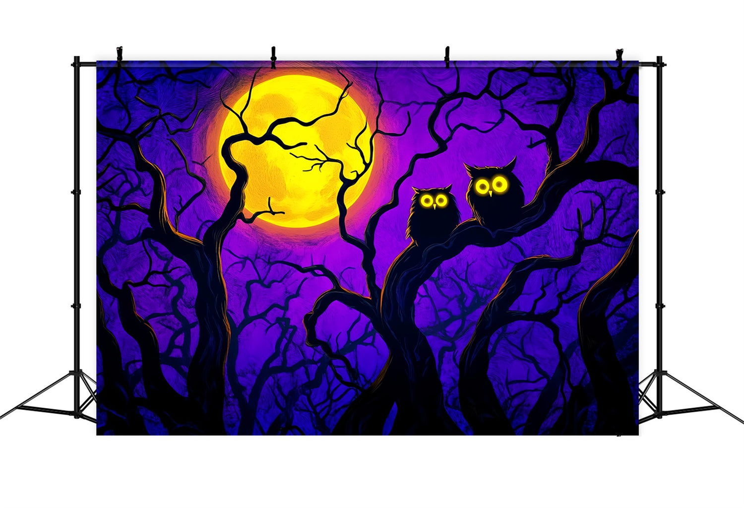 Halloween Color Backdrop Bright Moonlit Owls Branches Halloween Moon B