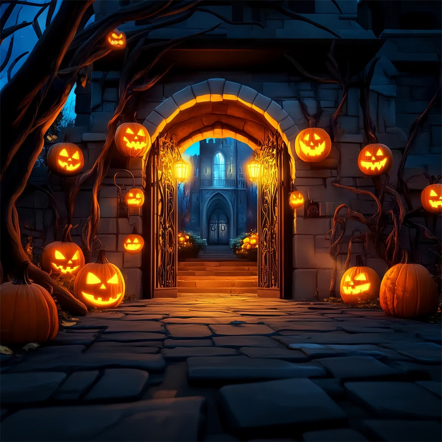 Graveyard Backdrop Pumpkin Lantern Gate Entrance Halloween Photo Backd