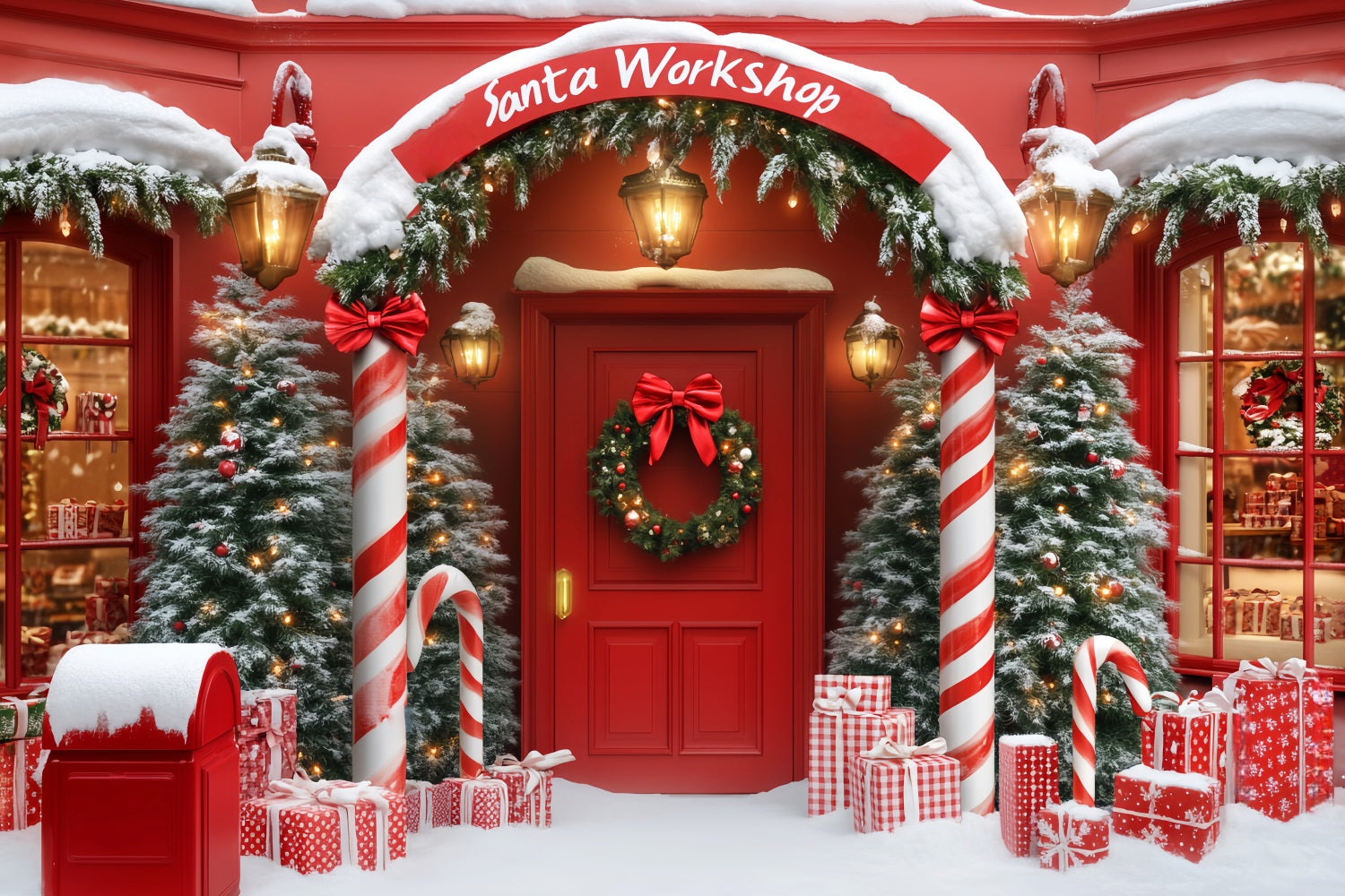 Santa Workshop Backdrop Christmas Shop Arch Entrance Red Christmas Bac