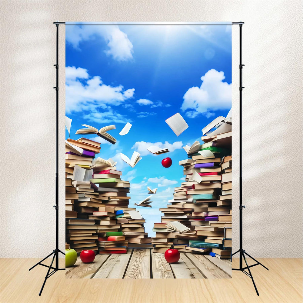 School Backdrop Sky Floating Books Apples Back To School Backdrop LXX5