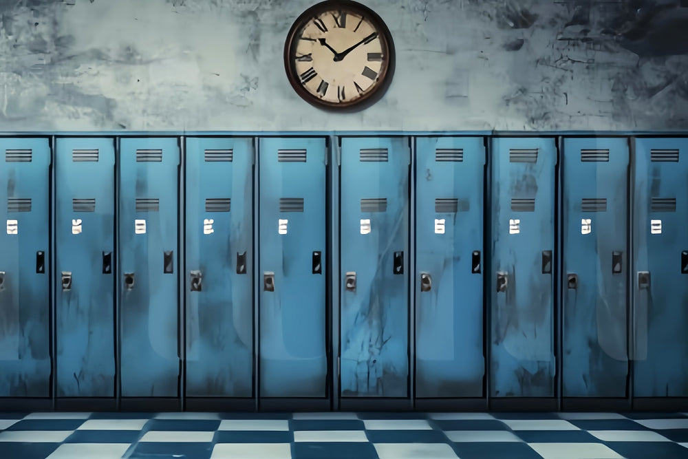 School Hallway Backdrop Vintage Blue Lockers Clock Back To School Back