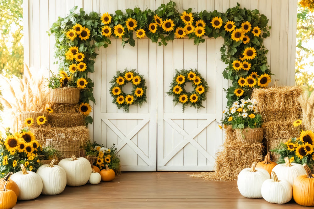 Barn Door Backdrop Sunflower Pumpkin Harvest Fall Photography Backdrop
