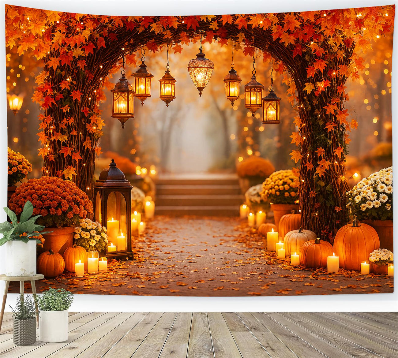 Rustic Pumpkins Backdrop Autumn Lantern Pathway Pumpkins Fall Backdrop