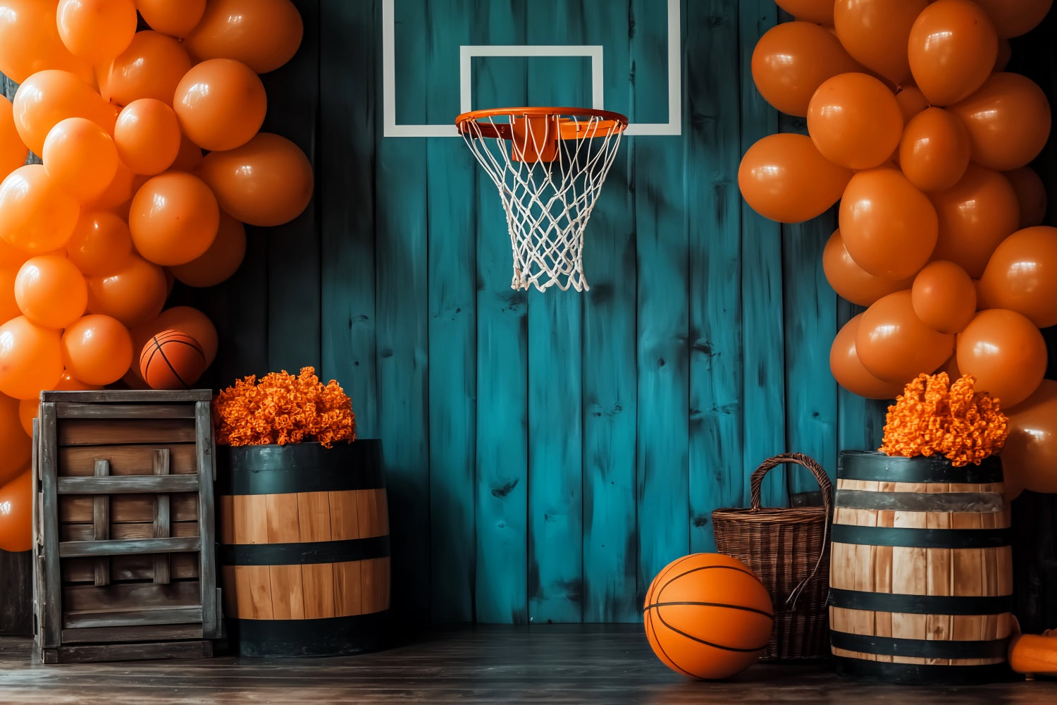 Sports Backdrop Rustic Basketball Hoop Balloons Basketball Backdrop LX