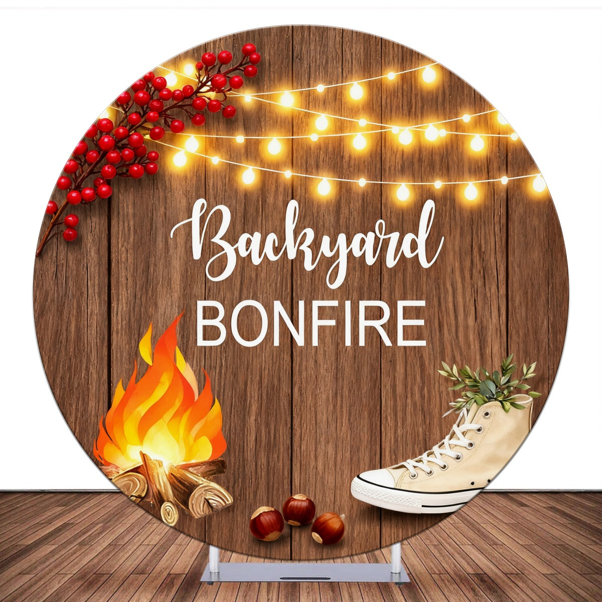 Circle Backdrop Backyard Bonfire Glitter Lights Wood Round Backdrop LX