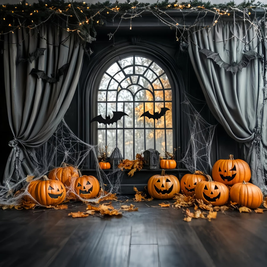 Halloween Spider Backdrop Pumpkin Bats Cobweb Window Halloween Backdro