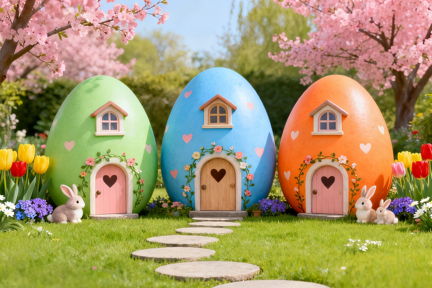 Easter Bunny Backdrop Cute House Bunny Cherry Blossom Tulip Backdrop E