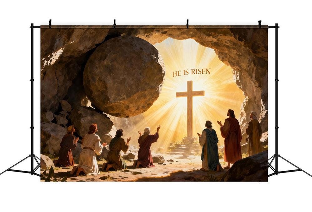 He Is Risen Backdrop Cross Christ Tomb Holy Light Easter Photo Backdro