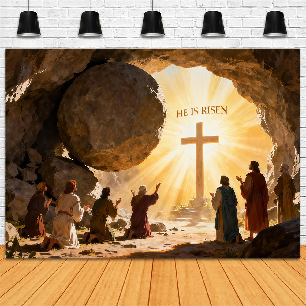 He Is Risen Backdrop Cross Christ Tomb Holy Light Easter Photo Backdro