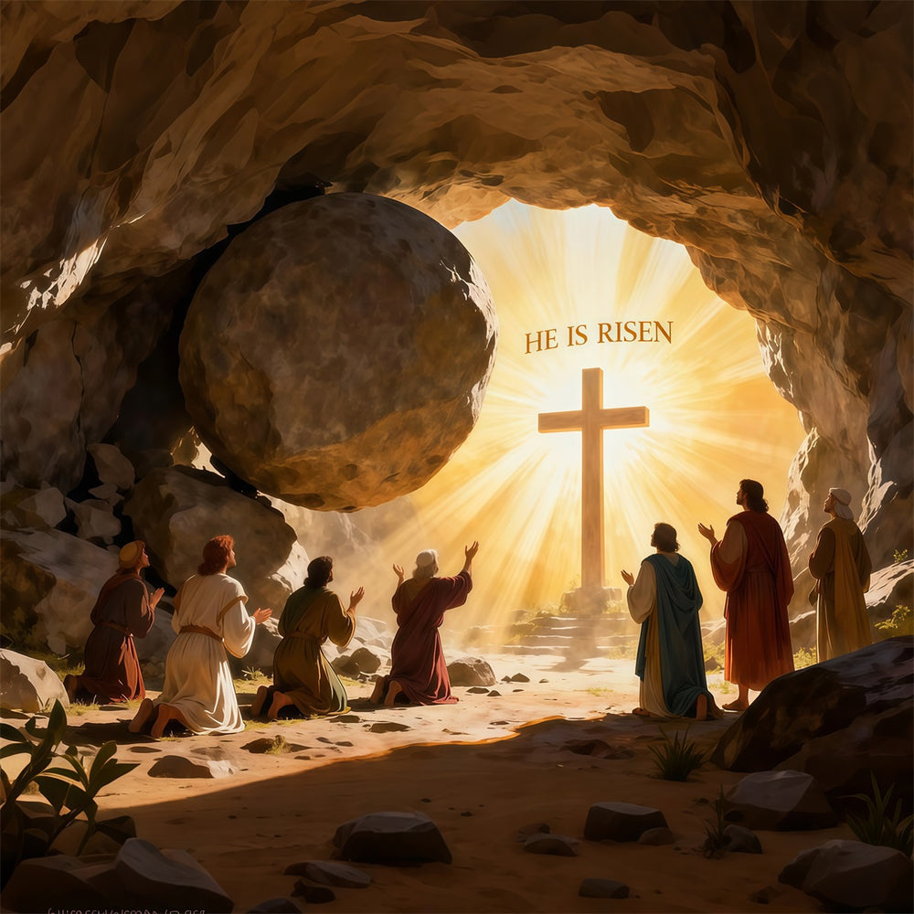 He Is Risen Backdrop Cross Christ Tomb Holy Light Easter Photo Backdro