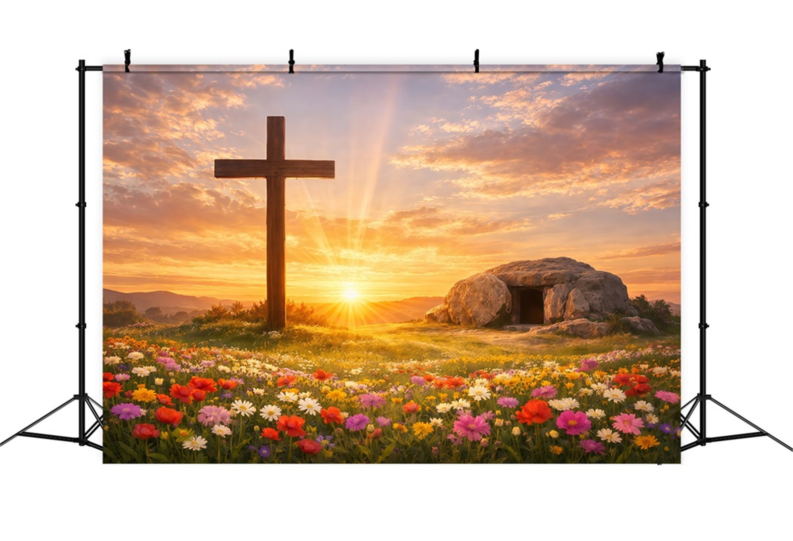 He Is Risen Backdrop Cross Tomb Flower Field Easter Photography Backdr