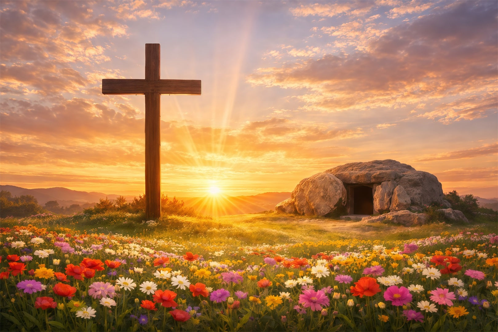 He Is Risen Backdrop Cross Tomb Flower Field Easter Photography Backdr