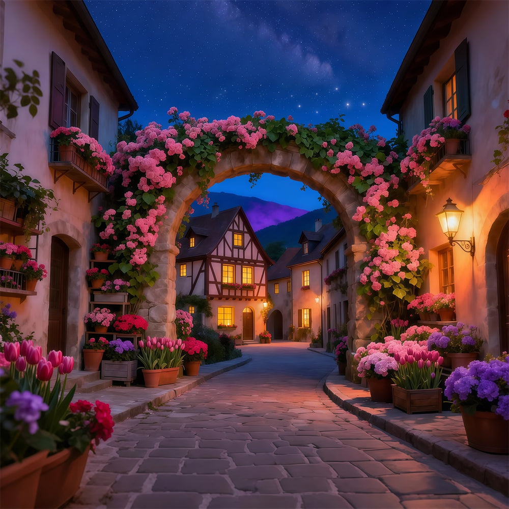 Enchanted Garden Photo Backdrop Twilight Village Flower Arch Floral Fa