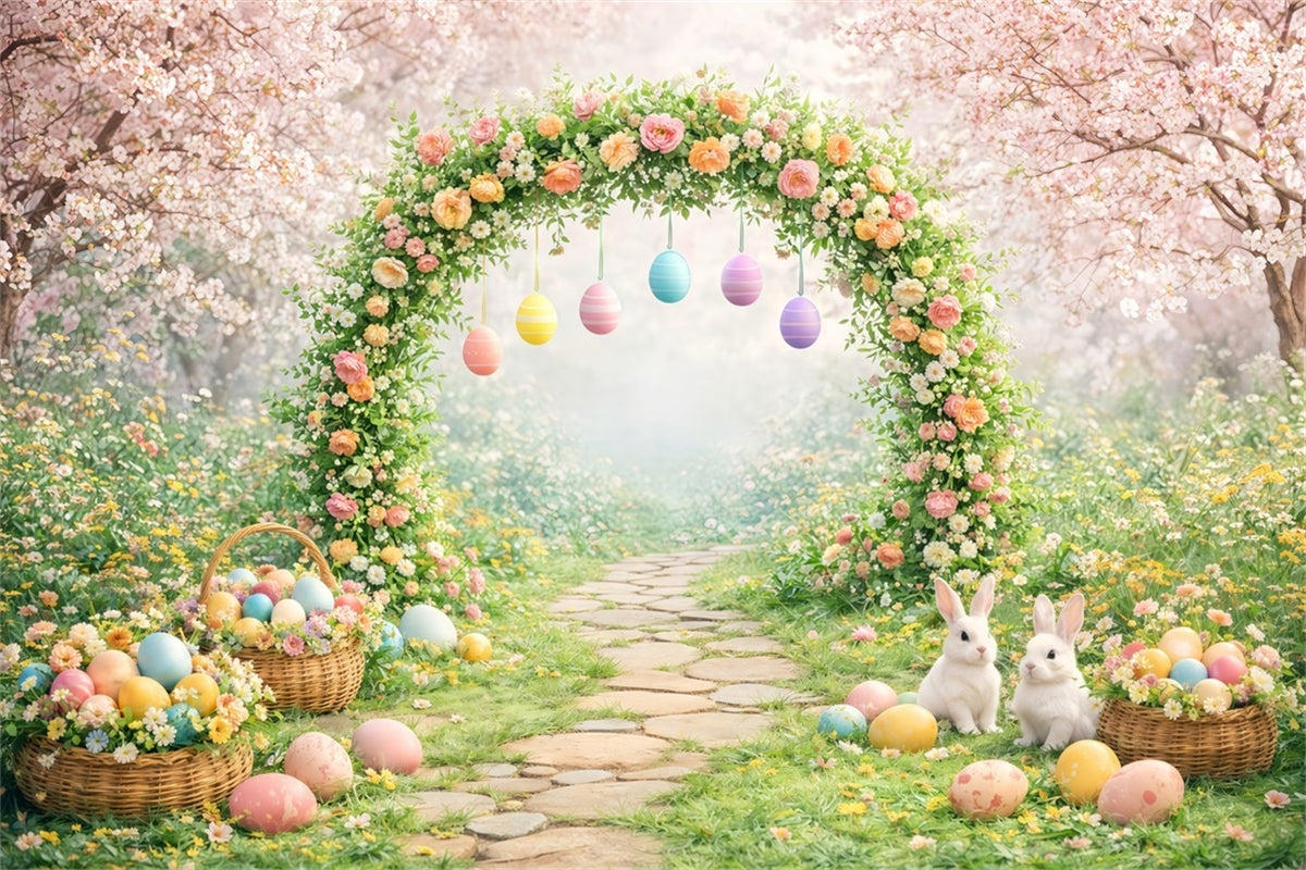 Easter Stage Backdrops Blooming Garden Arch Bunny Eggs Easter Backdrop